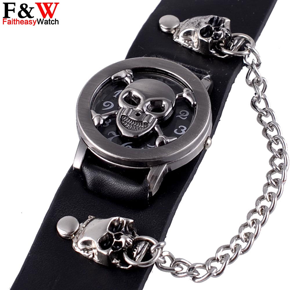 Men's Skull-Punk Leather Quartz Wrist Watch | Biker Life