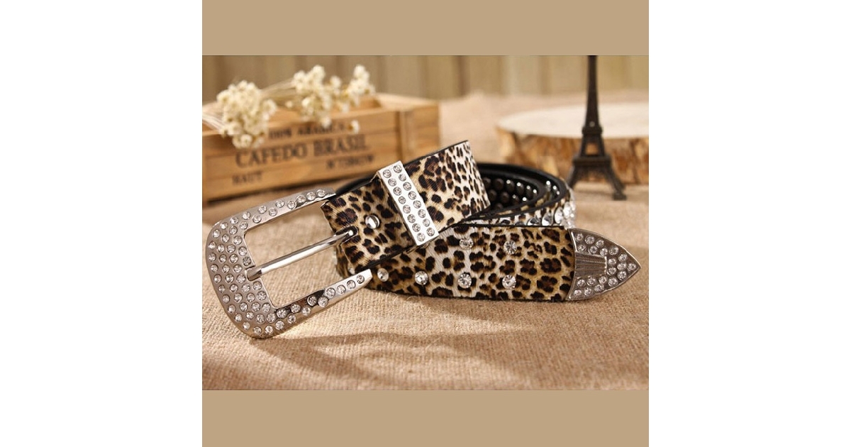 Ladies Leopard Pattern, Leather Rhinestone Studded Rivet Strap Tail ...