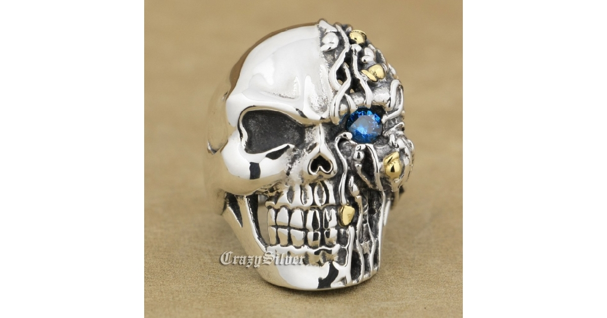 Sterling Silver Terminator Skull w/ Blue CZ Eye | Biker Life